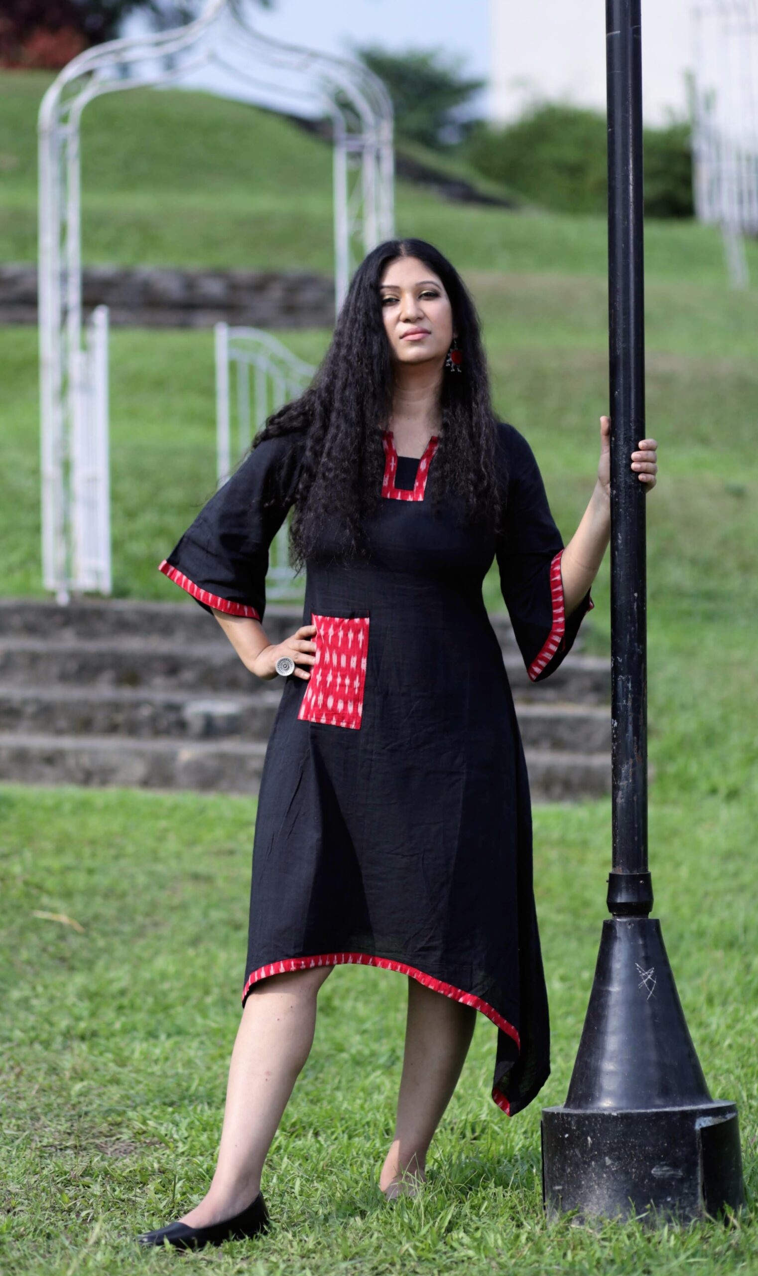 Asymmetric Fish Cut Dress with Funnel Sleeve and Ikkat Patches – Shohaag